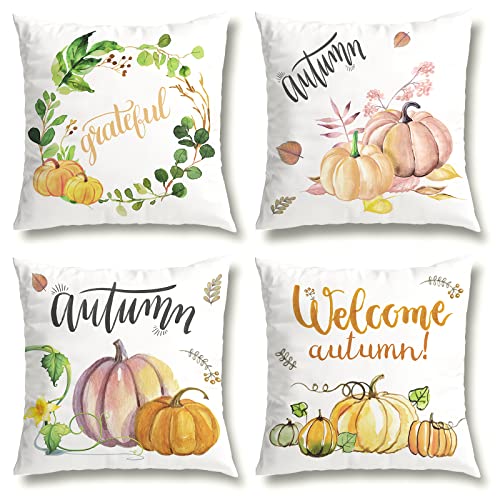 Fall Decor Pillow Covers 18x18 Set of 4 for Fall Decorations,Thanksgiving Decorations Outdoor Farmhouse Pumpkin Decor Throw Pillows Cover Grateful Autumn Decorative Pillow Cases Cushion Case for Couch