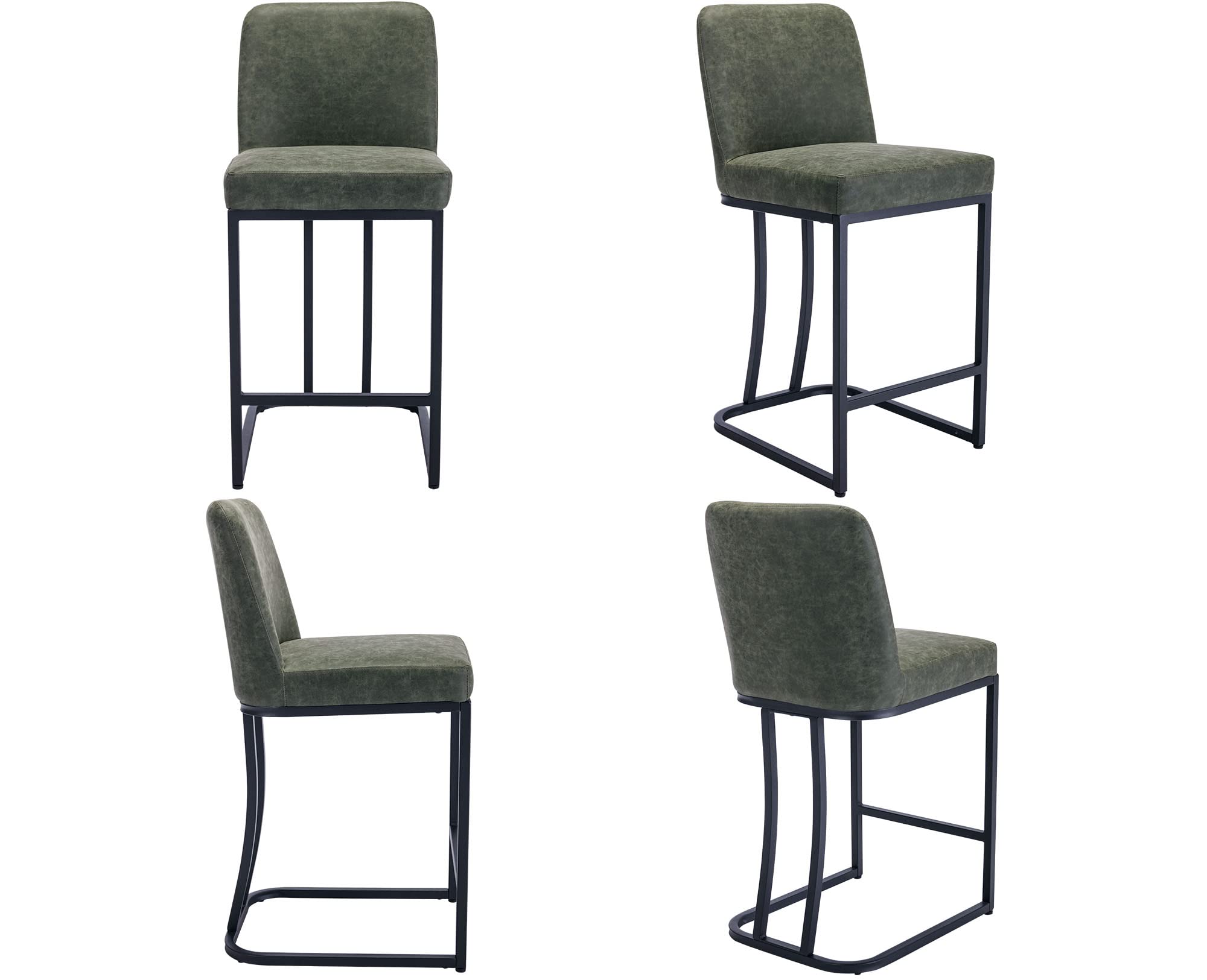 VESCASA 24" H Counter Height Barstools with Back, Mid Century Modern Faux Leather Upholstered Counter Stool Chairs with Black Metal Frame for Kitchen Island, Bar, Pub, Set of 2, Green