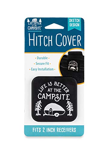 Camco Life is Better at The Campsite Hitch Receiver Cover | Protects Your Trailer Hitch Receiver from Debris, Dirt, Water and Rust | Life is Better at The Campsite Sketch Logo, Black/Silver (53410)