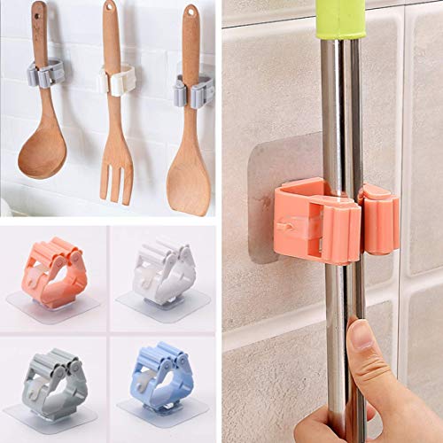 8PCS Broom Holder Wall Mount , No Drilling Self Adhesive Broom Holder, Broom and Mop Organizer Holer Cleaning Supplies Organizer(2Blue/2White/2Pink/2Grey)