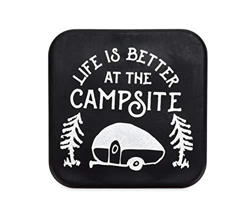 Camco Life is Better at The Campsite Hitch Receiver Cover | Protects Your Trailer Hitch Receiver from Debris, Dirt, Water and Rust | Life is Better at The Campsite Sketch Logo, Black/Silver (53410)