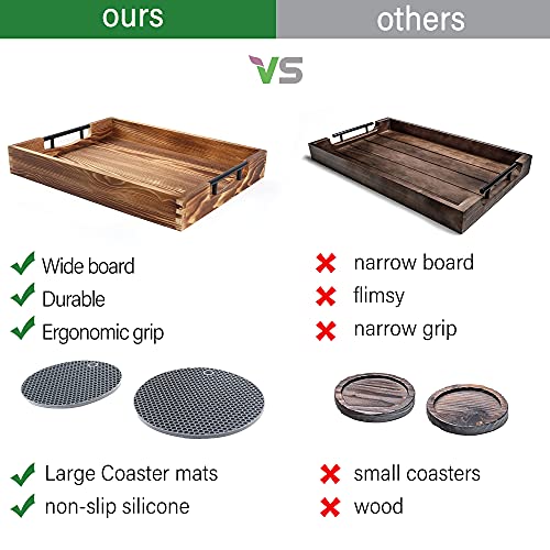 LotFancy Large Ottoman Tray for Living Room, 17x13'' Wood Serving Tray with Handles, Home Décor for Coffee Table, Sofa, 2 Skidproof Coasters Included