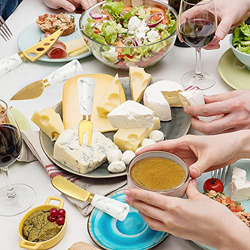 Golden Cheese Knife Set 6 Piece, Marble Handle Butter Spatula Knives, Cheese Spreader Cutter with Ergonomic Ceramic Handle, Cheese Shaver and Fork for Birthday, Wedding, Party (White)