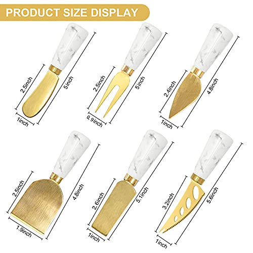 Golden Cheese Knife Set 6 Piece, Marble Handle Butter Spatula Knives, Cheese Spreader Cutter with Ergonomic Ceramic Handle, Cheese Shaver and Fork for Birthday, Wedding, Party (White)