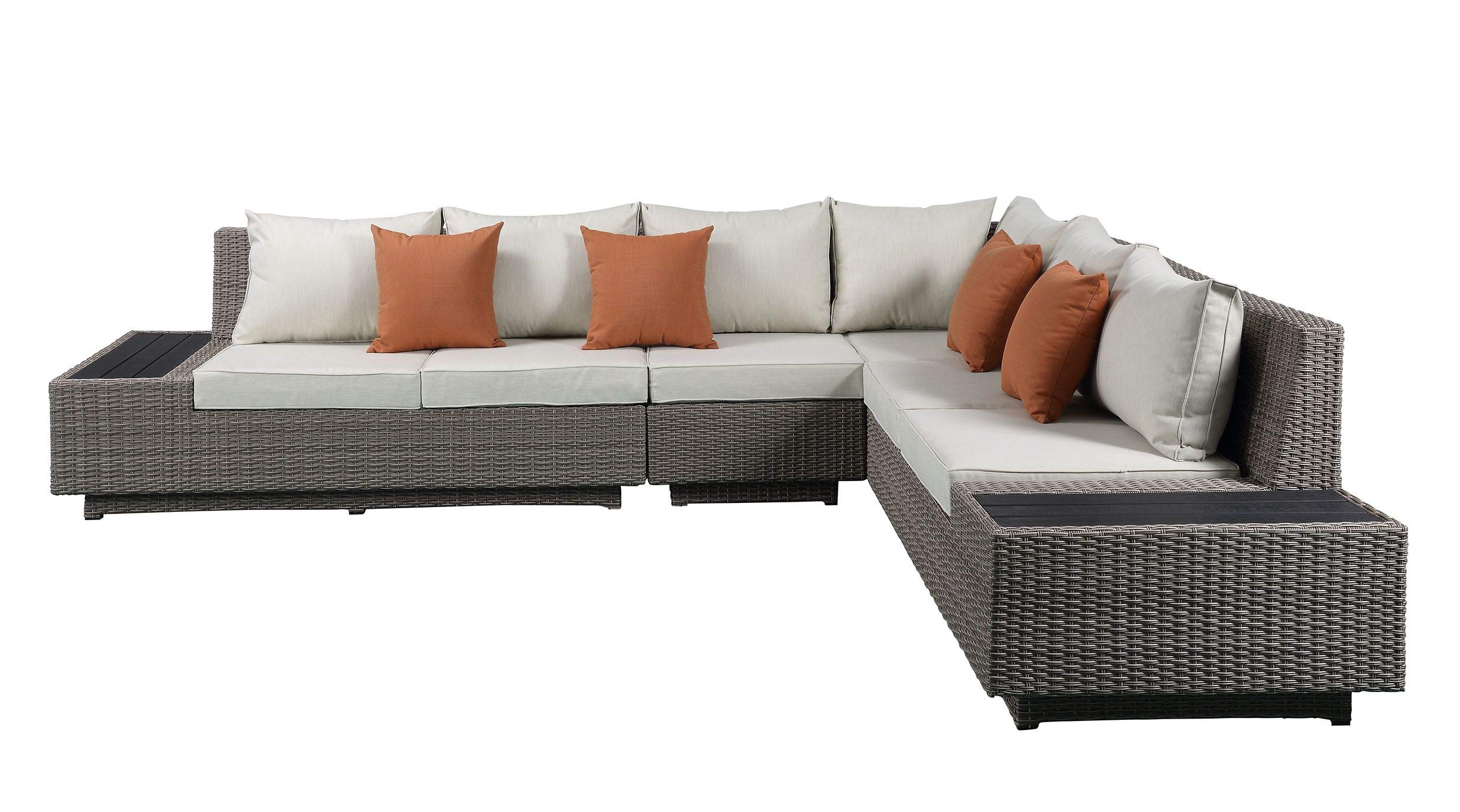 UBGO Outdoor Furniture Set, Sectional, PE Brown Rattan Wicker Sofas,Outside Couch w/Washable Seat Cushions & Modern Glass Wedge Table for Patio, Backyard, Gray