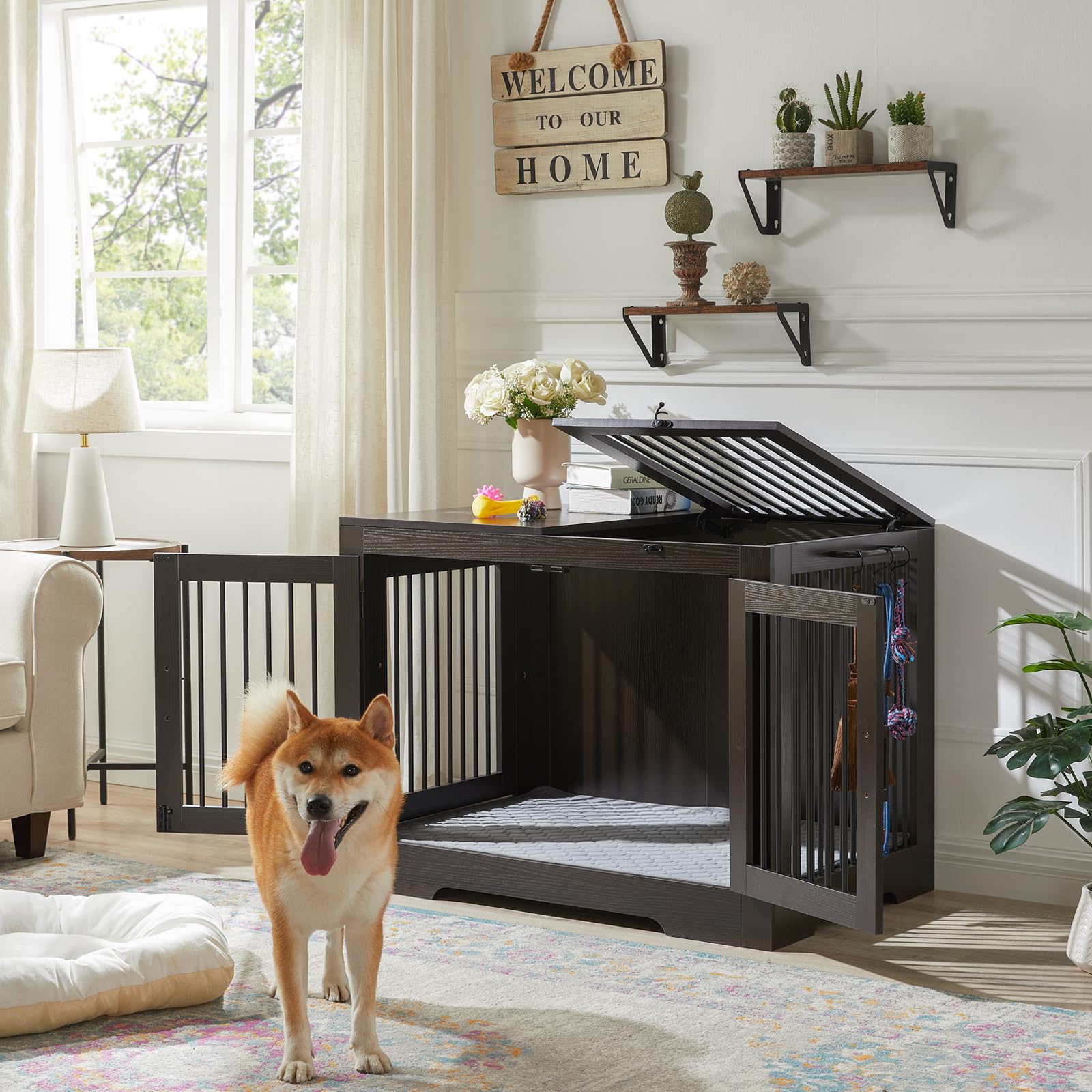 Lovitgo 37 Inch Dog Crate Furniture for Medium Small Dog, Wooden Heavy Duty Dog Kennel with Three Doors,Wooden Cage Kennel Furniture Indoor, Espresso
