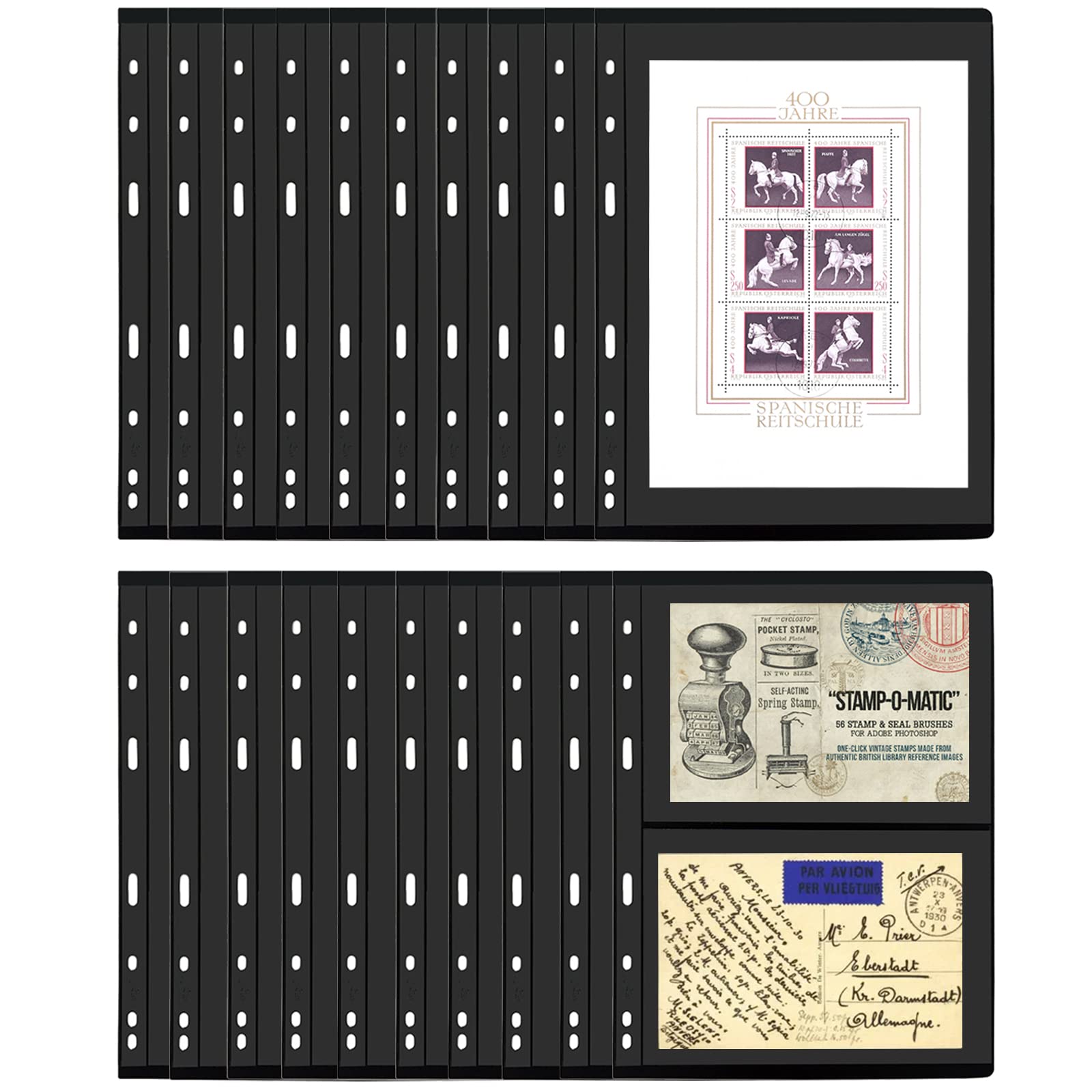 MUQING Stamp collecting storage supplies, 20 Sheets Stamp Pages Sleeves for Stamp Album Binder, Toughness Not easy to creak (1 and 2 Rows)