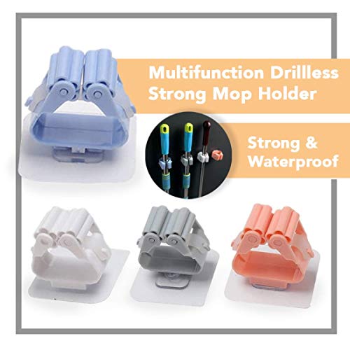 8PCS Broom Holder Wall Mount , No Drilling Self Adhesive Broom Holder, Broom and Mop Organizer Holer Cleaning Supplies Organizer(2Blue/2White/2Pink/2Grey)