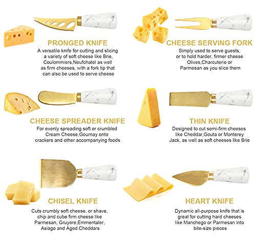 Golden Cheese Knife Set 6 Piece, Marble Handle Butter Spatula Knives, Cheese Spreader Cutter with Ergonomic Ceramic Handle, Cheese Shaver and Fork for Birthday, Wedding, Party (White)