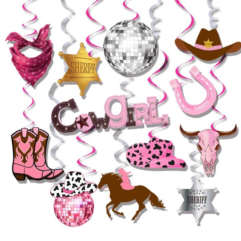 Western Cowgirl Party Decoration Hanging Swirls,Western Country Pink Cowgirl Hanging Foil Swirls for Cowgirl Theme Party Birthday Party Baby Shower Ceiling Hanging Decorations (Pink)