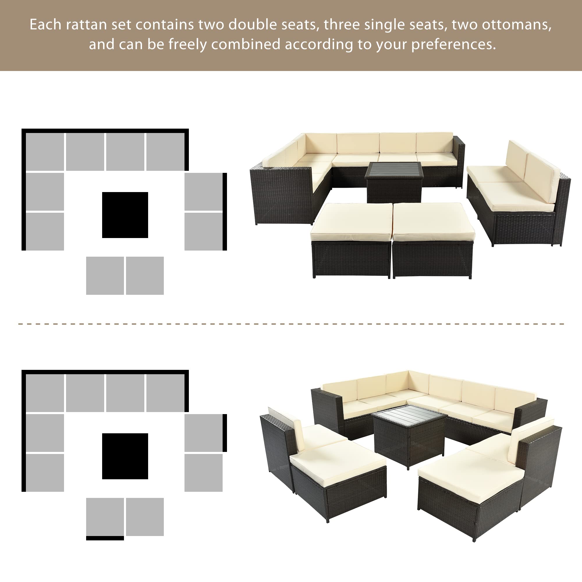 BIADNBZ 9 Piece Outdoor Sectional Sofa Patio Furniture Set, Woven PE Rattan Conversation Couch with Coffee Table, Ottoman and Cushions for Garden Backyard Poolside, Brown