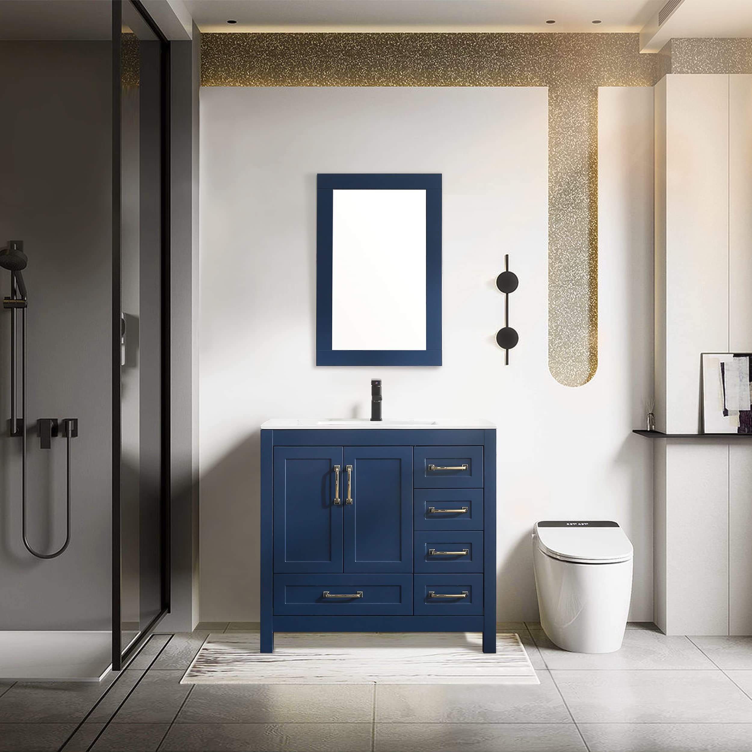 eclife 36" Bathroom Vanities with Sink Combo, Modern Thickened Wood Bathroom Storage Cabinet w/Undermount Sink, Matte Black Faucet Drain, Painted Surface, Navy Blue-1