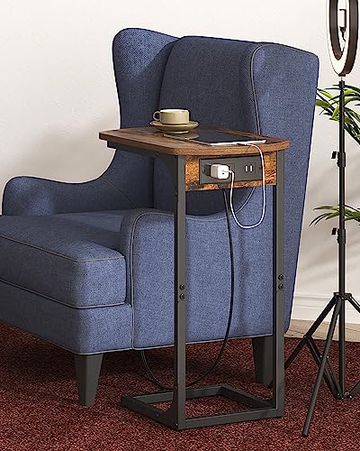 Hzuaneri L Shaped End Table with Charging Station, Bed Side Table with USB Port & Outlet, Couch Table, C Snack Table for Living Room, Bedroom, Rustic Brown and Black ET04901B