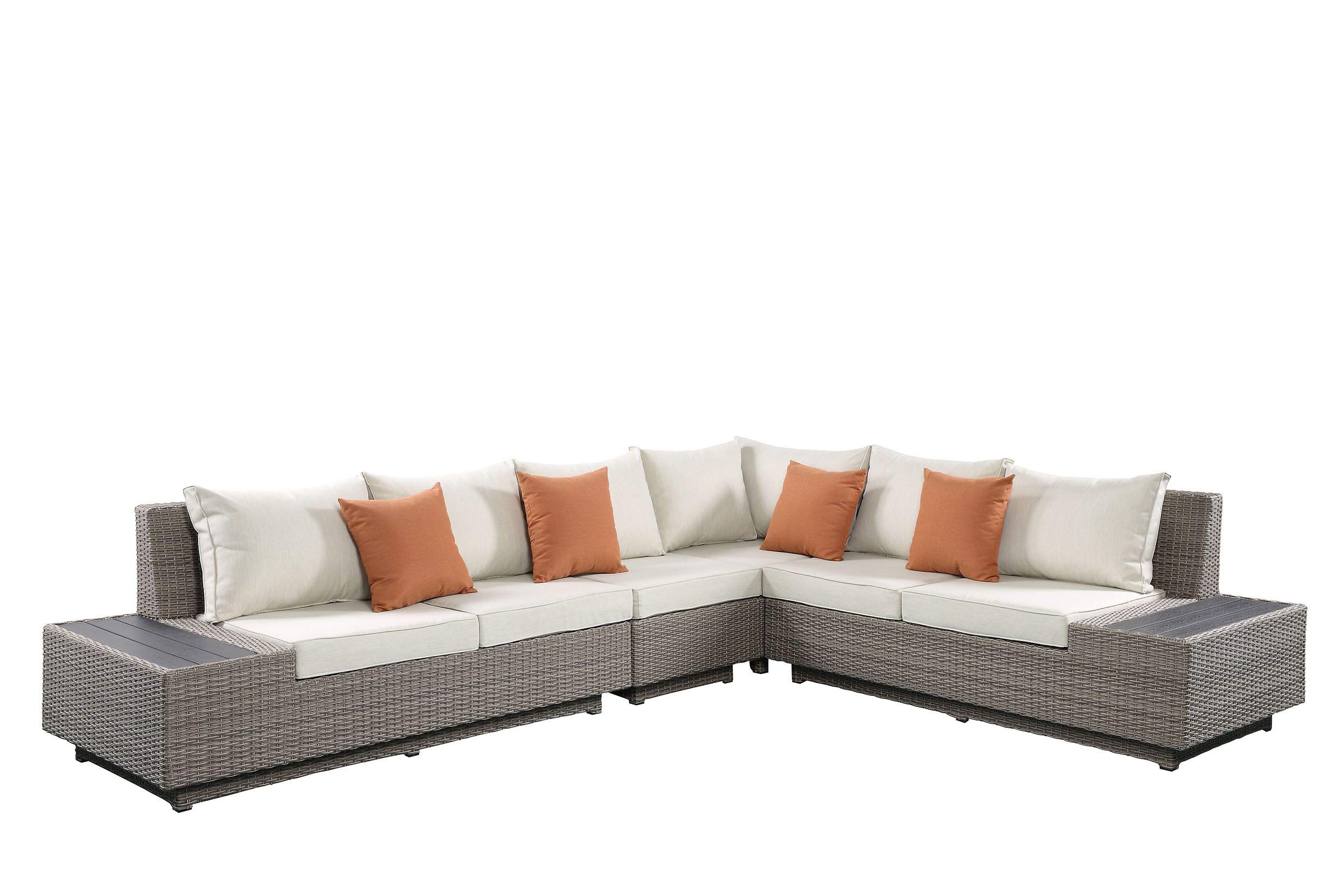 UBGO Outdoor Furniture Set, Sectional, PE Brown Rattan Wicker Sofas,Outside Couch w/Washable Seat Cushions & Modern Glass Wedge Table for Patio, Backyard, Gray
