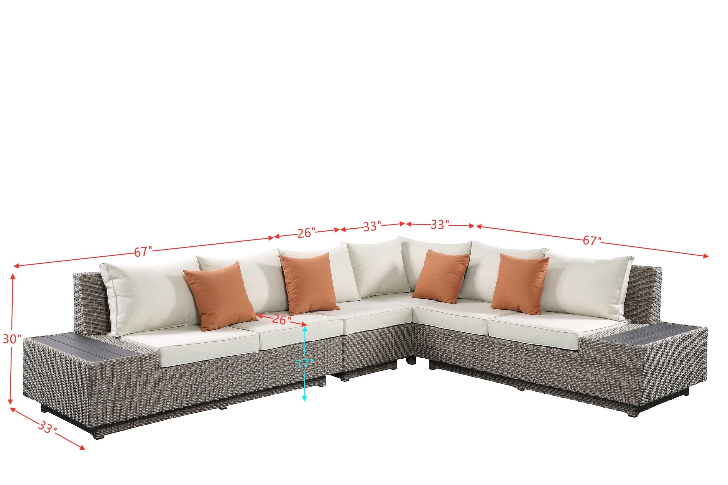 UBGO Outdoor Furniture Set, Sectional, PE Brown Rattan Wicker Sofas,Outside Couch w/Washable Seat Cushions & Modern Glass Wedge Table for Patio, Backyard, Gray