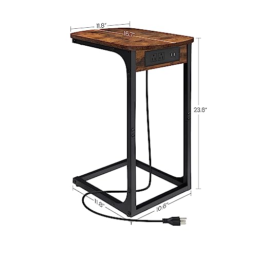 Hzuaneri L Shaped End Table with Charging Station, Bed Side Table with USB Port & Outlet, Couch Table, C Snack Table for Living Room, Bedroom, Rustic Brown and Black ET04901B