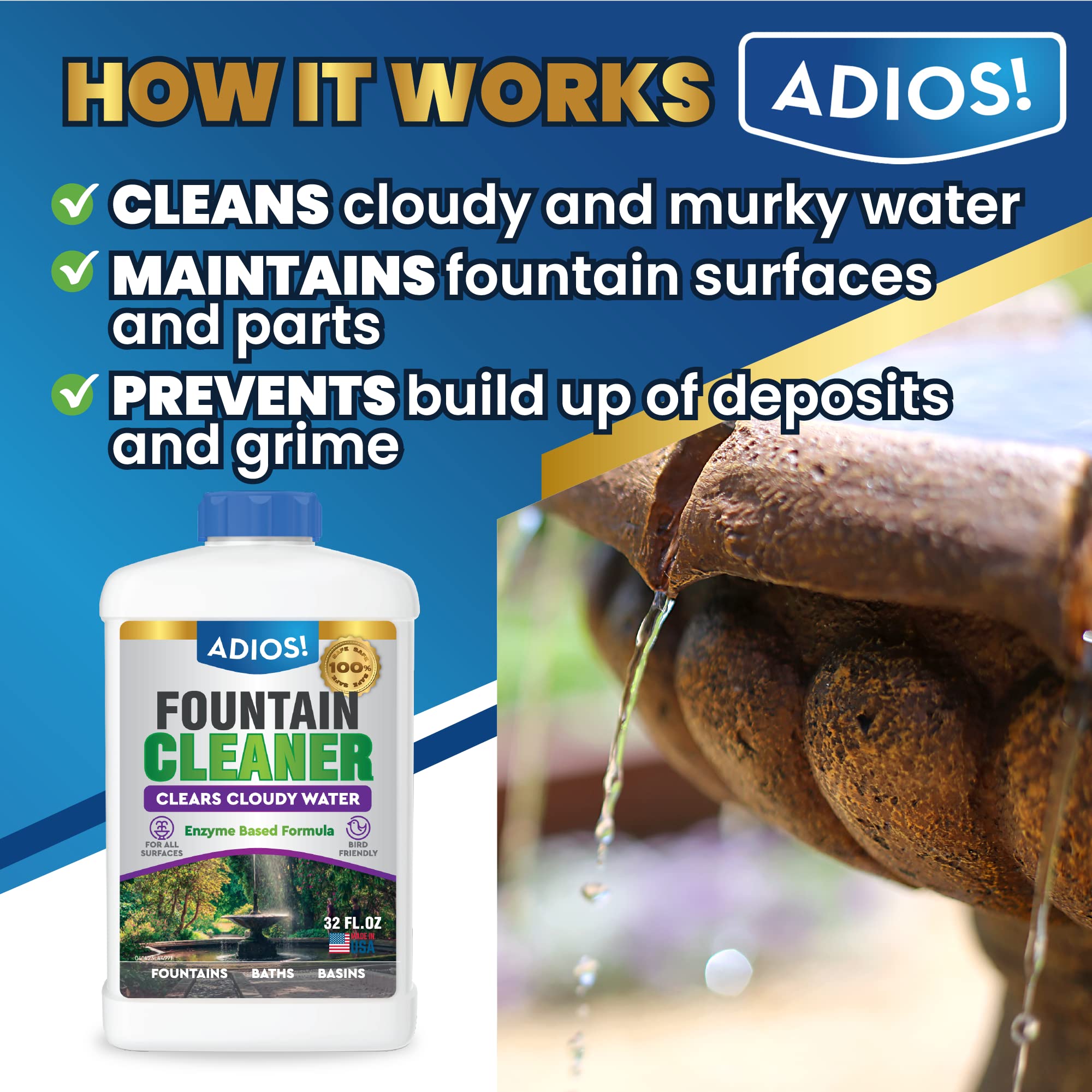 Adios! Fountain Cleaner and Clarifier for Outdoor and Indoor Fountains β Safe for Plastic, Metal, Glass and Stone (32oz)