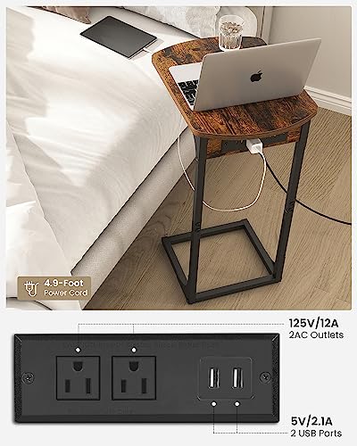 Hzuaneri L Shaped End Table with Charging Station, Bed Side Table with USB Port & Outlet, Couch Table, C Snack Table for Living Room, Bedroom, Rustic Brown and Black ET04901B