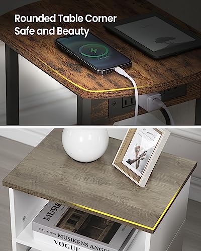 Hzuaneri L Shaped End Table with Charging Station, Bed Side Table with USB Port & Outlet, Couch Table, C Snack Table for Living Room, Bedroom, Rustic Brown and Black ET04901B