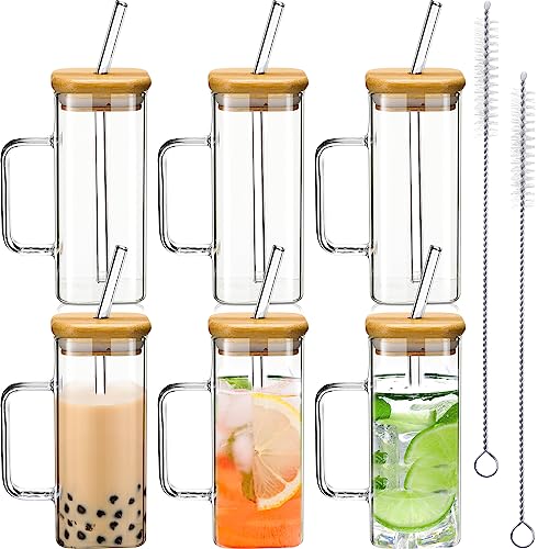 Rtteri 6 Set Glass Cups Square Drinking Glasses with Bamboo Lid Straw and Handle Appreciation Gifts for Employee Coworker Portable Coffee Mugs(13 oz, Small,Clear)
