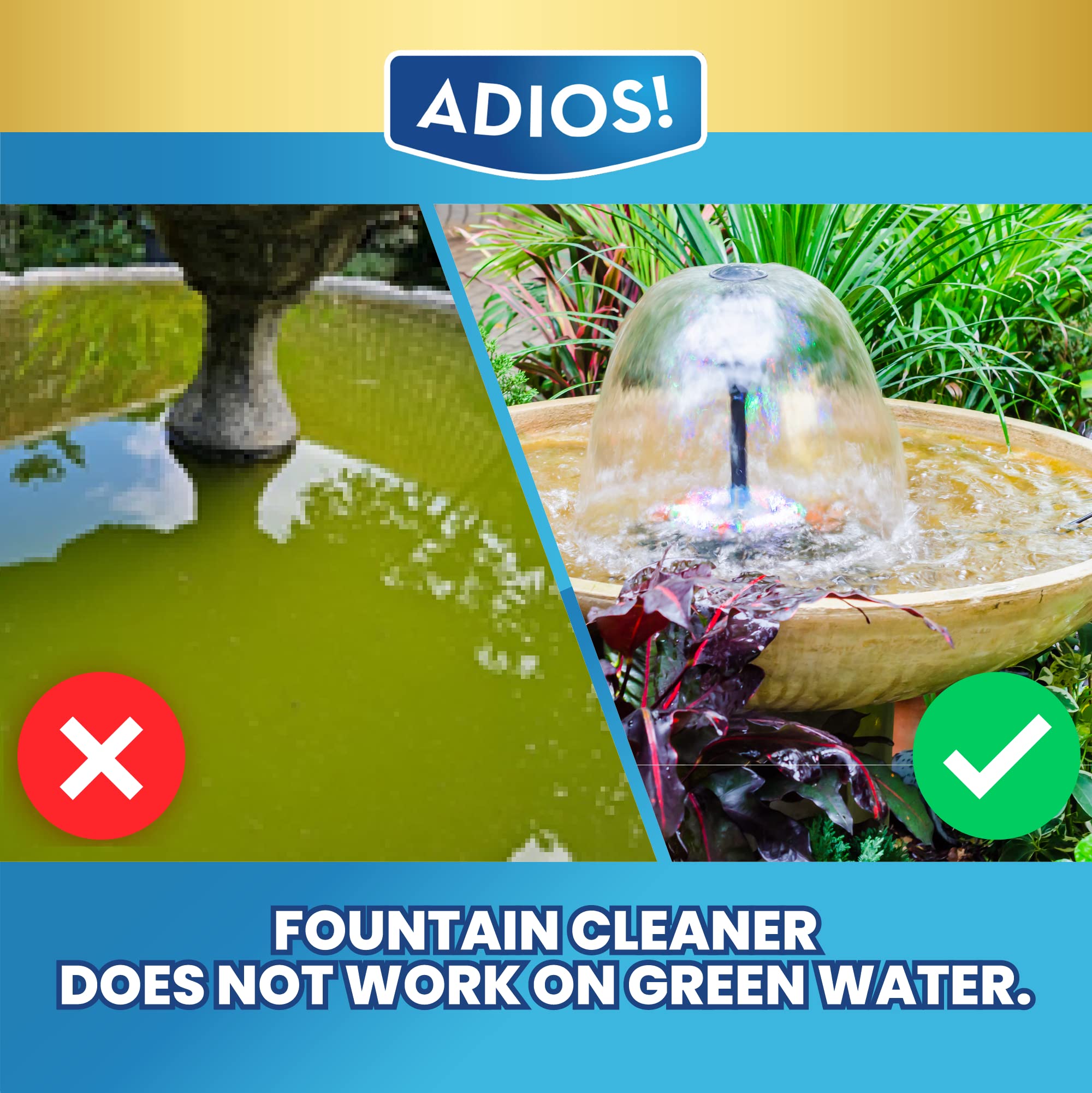 Adios! Fountain Cleaner and Clarifier for Outdoor and Indoor Fountains β Safe for Plastic, Metal, Glass and Stone (32oz)