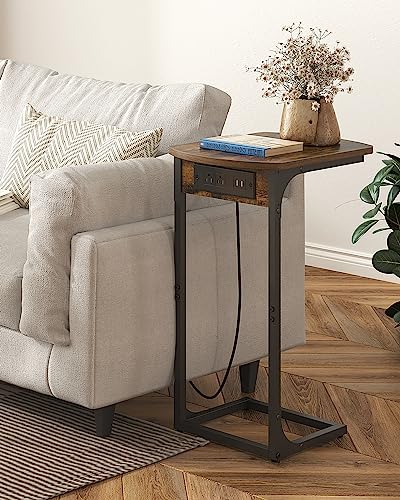 Hzuaneri L Shaped End Table with Charging Station, Bed Side Table with USB Port & Outlet, Couch Table, C Snack Table for Living Room, Bedroom, Rustic Brown and Black ET04901B
