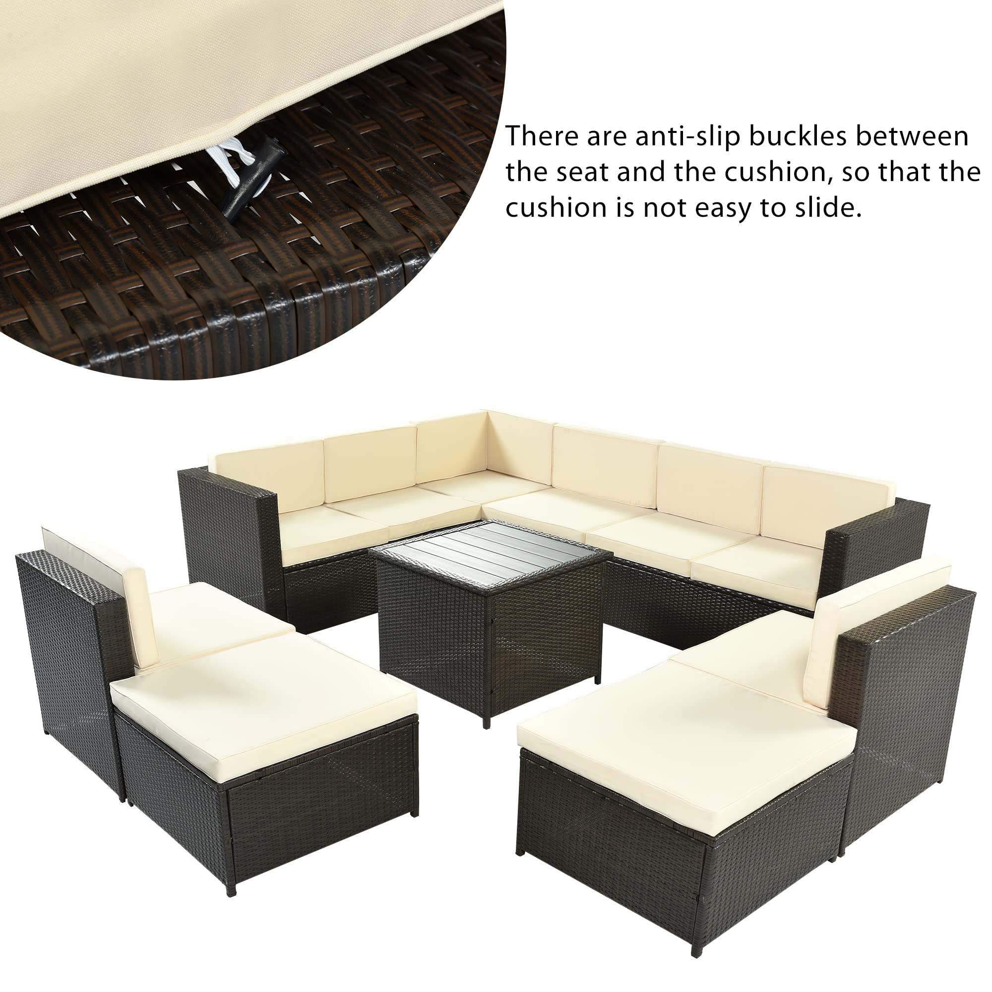 BIADNBZ 9 Piece Outdoor Sectional Sofa Patio Furniture Set, Woven PE Rattan Conversation Couch with Coffee Table, Ottoman and Cushions for Garden Backyard Poolside, Brown