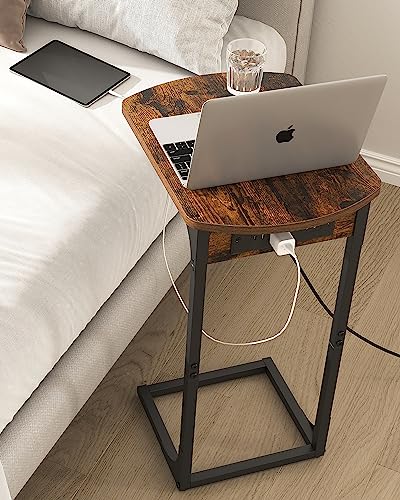 Hzuaneri L Shaped End Table with Charging Station, Bed Side Table with USB Port & Outlet, Couch Table, C Snack Table for Living Room, Bedroom, Rustic Brown and Black ET04901B