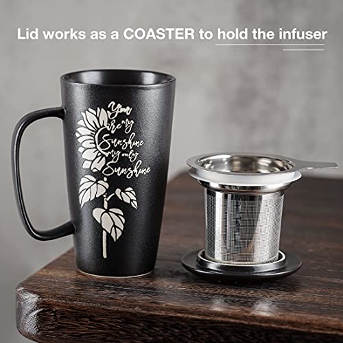 Taimei Teatime Ceramic Tea Mug with Infuser and Lid, 15.5 oz Tea Infuser Mug with Large Strainer for Steeping Loose Leaf Tea, Women Man Office Home Gift, Black