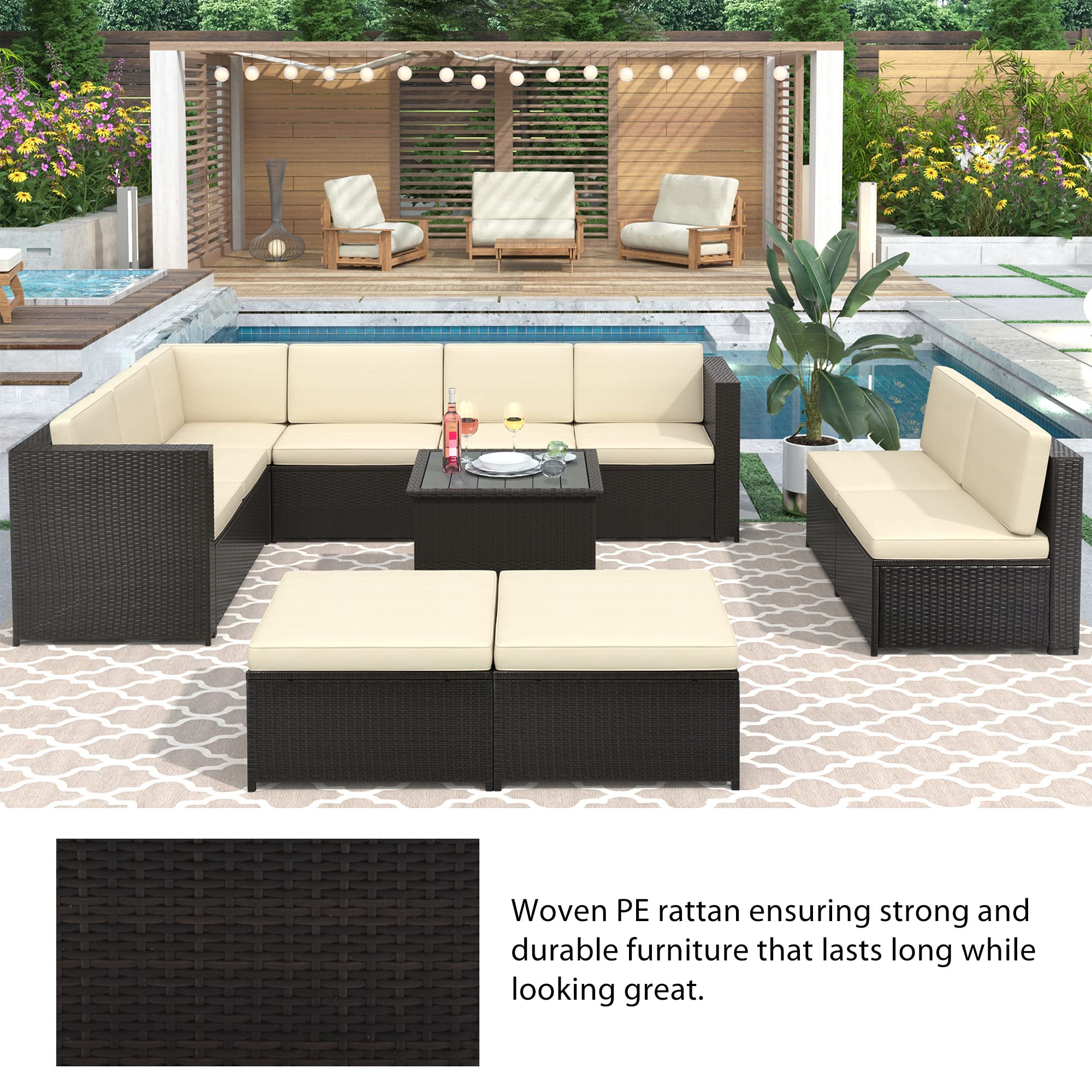 BIADNBZ 9 Piece Outdoor Sectional Sofa Patio Furniture Set, Woven PE Rattan Conversation Couch with Coffee Table, Ottoman and Cushions for Garden Backyard Poolside, Brown
