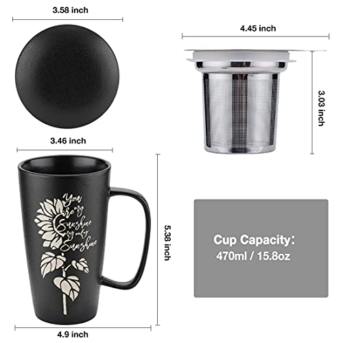 Taimei Teatime Ceramic Tea Mug with Infuser and Lid, 15.5 oz Tea Infuser Mug with Large Strainer for Steeping Loose Leaf Tea, Women Man Office Home Gift, Black
