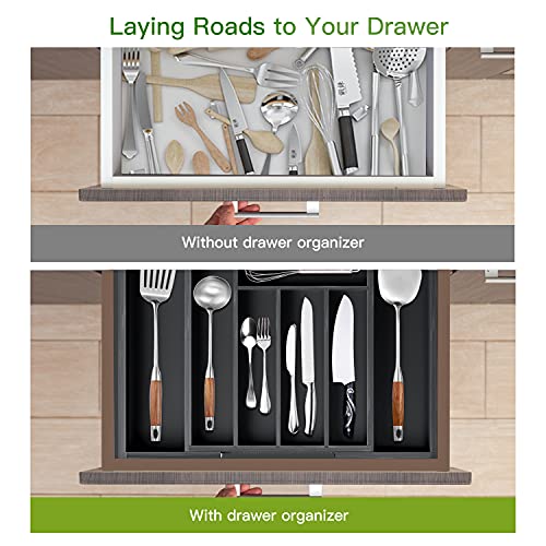 Pipishell Bamboo Expandable Drawer Organizer for Utensils Holder, Adjustable Cutlery Tray, Wood Drawer Dividers Organizer for Silverware, Flatware, Knives in Kitchen, Bedroom, Living Room (Black)
