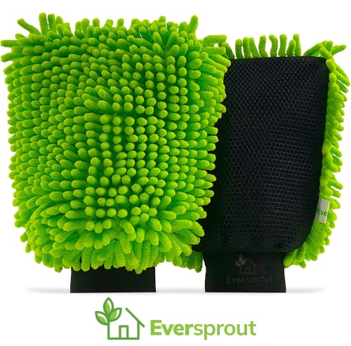 EVERSPROUT Dual-Sided Car Wash Mitts (2-Pack) | Never-Scratch, Ultra-Soft Microfiber & Sponge-Mesh Side for Scrubbing | Machine Washable | Premium Quality | Perfect for Car, Truck, Vehicle, RV, Boat