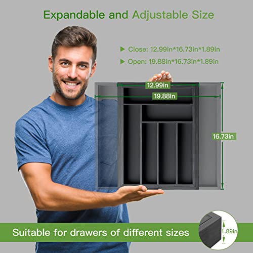 Pipishell Bamboo Expandable Drawer Organizer for Utensils Holder, Adjustable Cutlery Tray, Wood Drawer Dividers Organizer for Silverware, Flatware, Knives in Kitchen, Bedroom, Living Room (Black)