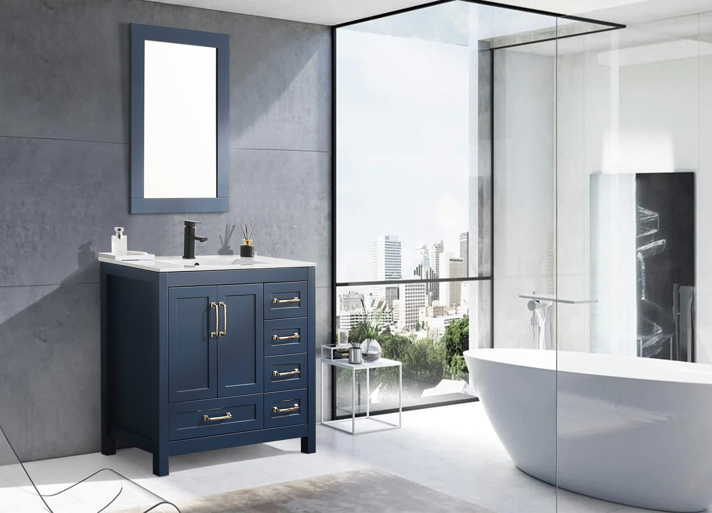 eclife 36" Bathroom Vanities with Sink Combo, Modern Thickened Wood Bathroom Storage Cabinet w/Undermount Sink, Matte Black Faucet Drain, Painted Surface, Navy Blue-1