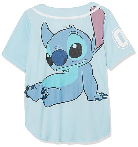 Disney Girls Lilo & Stitch and Angel Baseball Jersey - Classic Mesh Button Down Shirt, Light Blue/White, 7-8 US