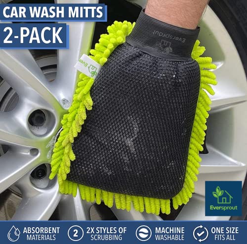 EVERSPROUT Dual-Sided Car Wash Mitts (2-Pack) | Never-Scratch, Ultra-Soft Microfiber & Sponge-Mesh Side for Scrubbing | Machine Washable | Premium Quality | Perfect for Car, Truck, Vehicle, RV, Boat