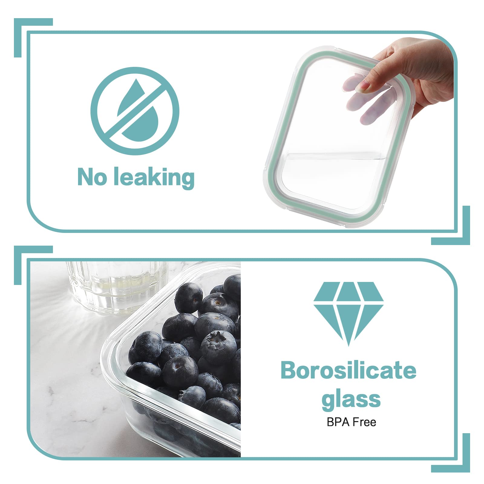 HOMBERKING 10 Pack 22oz Glass Meal Prep Containers, Glass Food Storage Containers with Lids, Airtight Glass Lunch Bento Boxes, BPA-Free & Leak Proof (10 lids & 10 Containers) - Blue