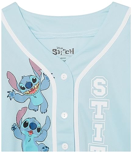 Disney Girls Lilo & Stitch and Angel Baseball Jersey - Classic Mesh Button Down Shirt, Light Blue/White, 7-8 US