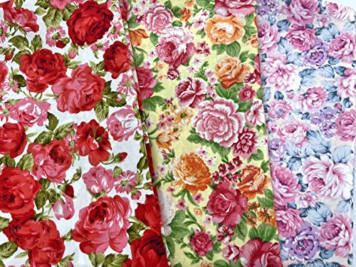 AMORNPHAN 3 Pcs 45" Vintage Summer Spring Season Roses Floral Rose Flowers Bouquet Printed Pattern Quilting 100% Cotton Fabric for Sewing Crafting DIY Patchwork Needlework Handmade Scrapbooking Shirt