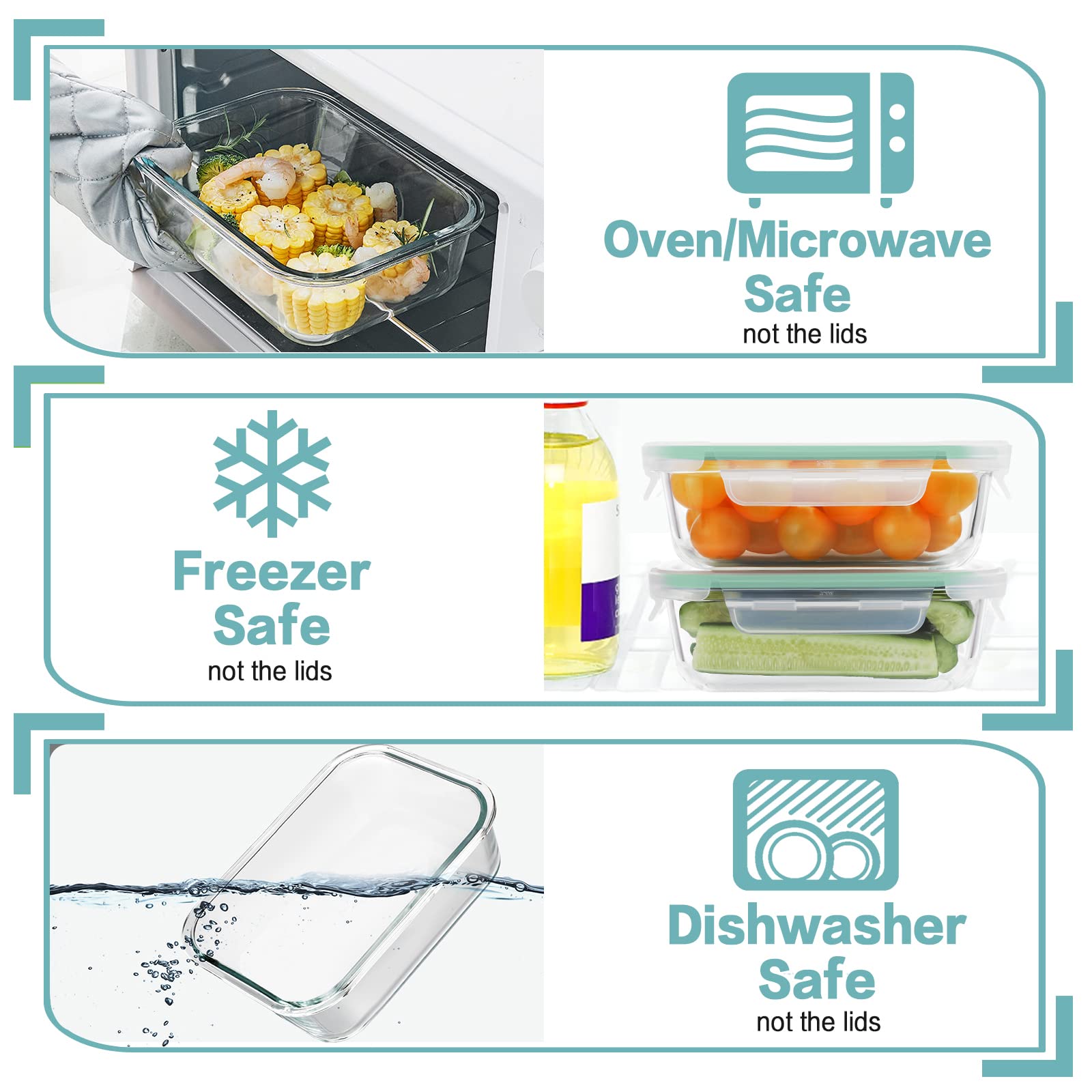 HOMBERKING 10 Pack 22oz Glass Meal Prep Containers, Glass Food Storage Containers with Lids, Airtight Glass Lunch Bento Boxes, BPA-Free & Leak Proof (10 lids & 10 Containers) - Blue