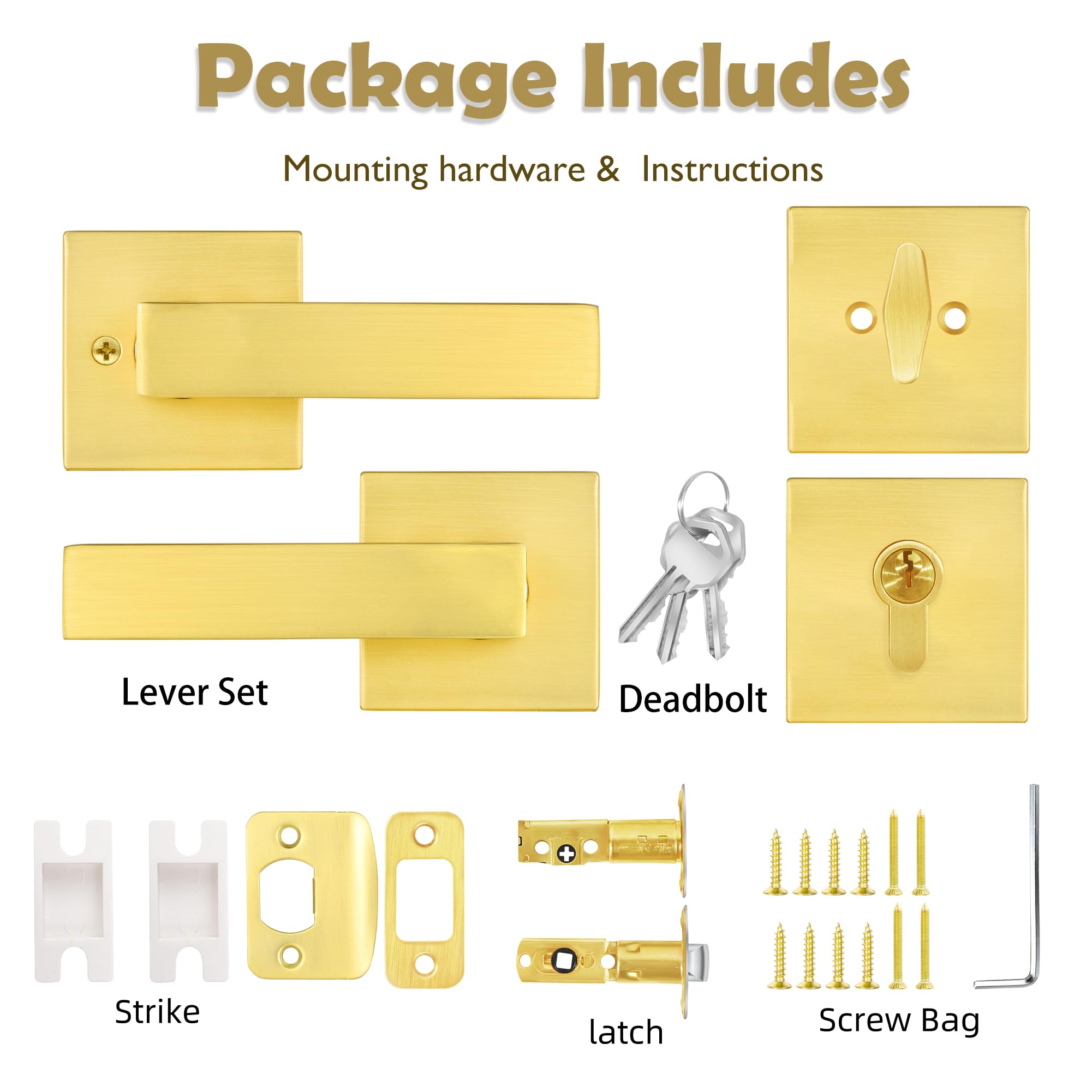 Satin Brass Door Handle Set with Single Cylinder Deadbolt and Lever Gold Keyed Front Entry Door Locksets