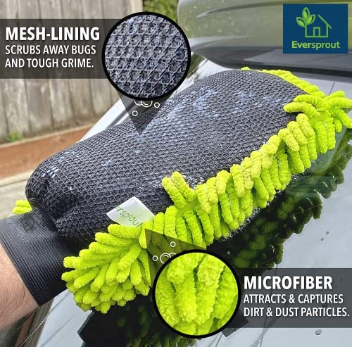 EVERSPROUT Dual-Sided Car Wash Mitts (2-Pack) | Never-Scratch, Ultra-Soft Microfiber & Sponge-Mesh Side for Scrubbing | Machine Washable | Premium Quality | Perfect for Car, Truck, Vehicle, RV, Boat