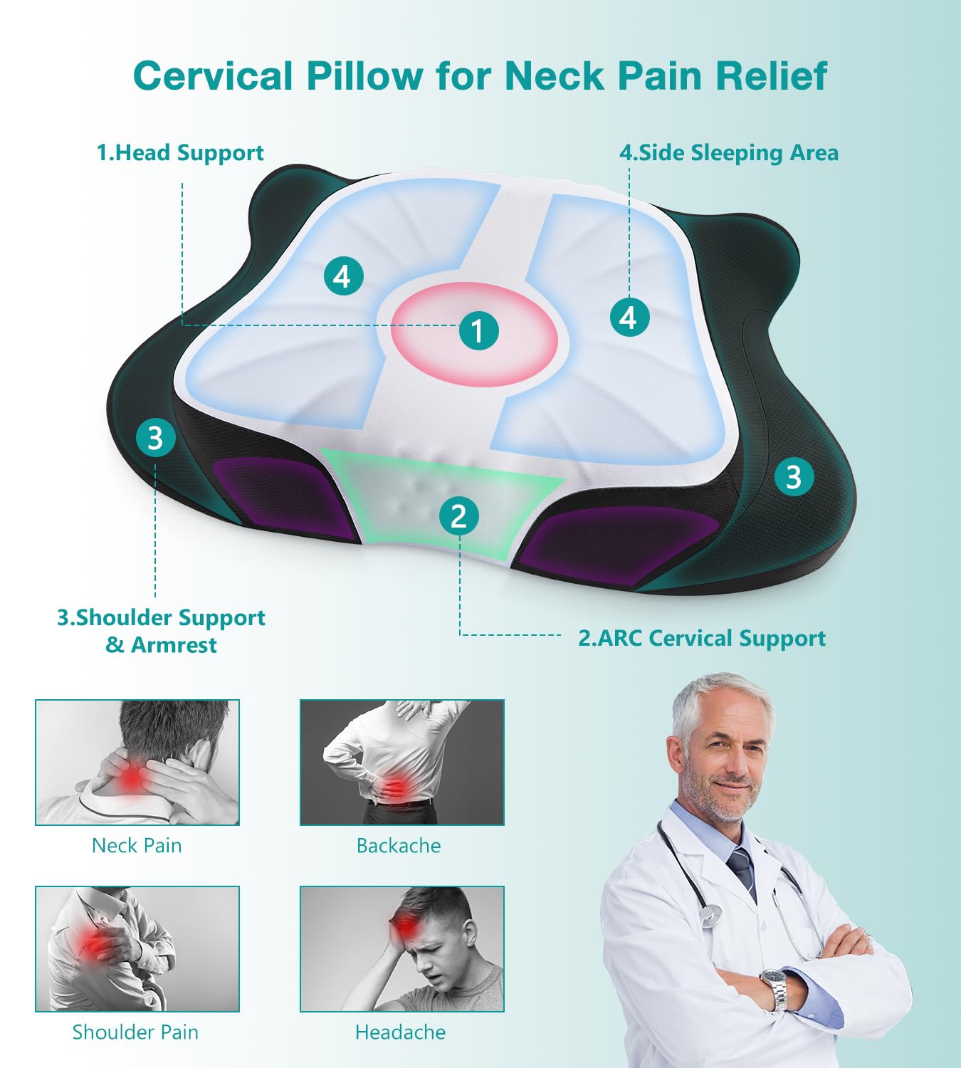 FAIORD Cervical Memory Foam Contour Pillows for Neck and Shoulder Pain, Adjustable Support Side Sleeper Pillows with Cooling Pillow Cases, Bed Pillow for Back Stomach Sleepers Black
