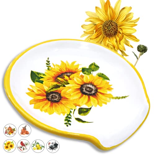 Sunflower Kitchen Decor - Sunflower Spoon Rest, Ceramic Spoon Rest for Stove top | Large Spoon Rest for Kitchen Counter | Farmhouse Kitchen Utensil Holder Spoon Holder | Sunflower Gifts for Women