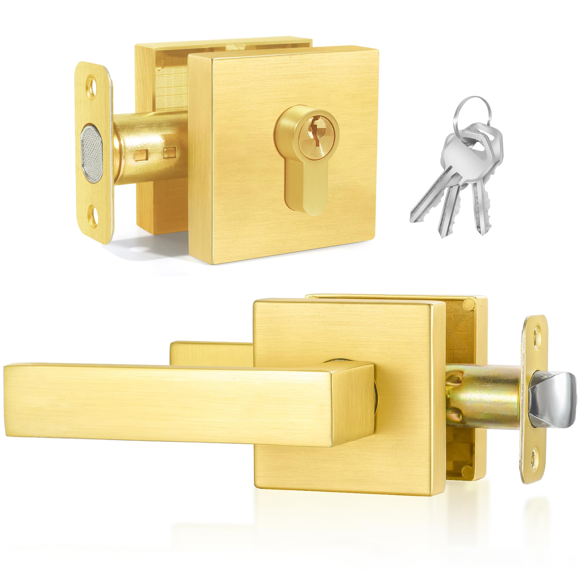 Satin Brass Door Handle Set with Single Cylinder Deadbolt and Lever Gold Keyed Front Entry Door Locksets