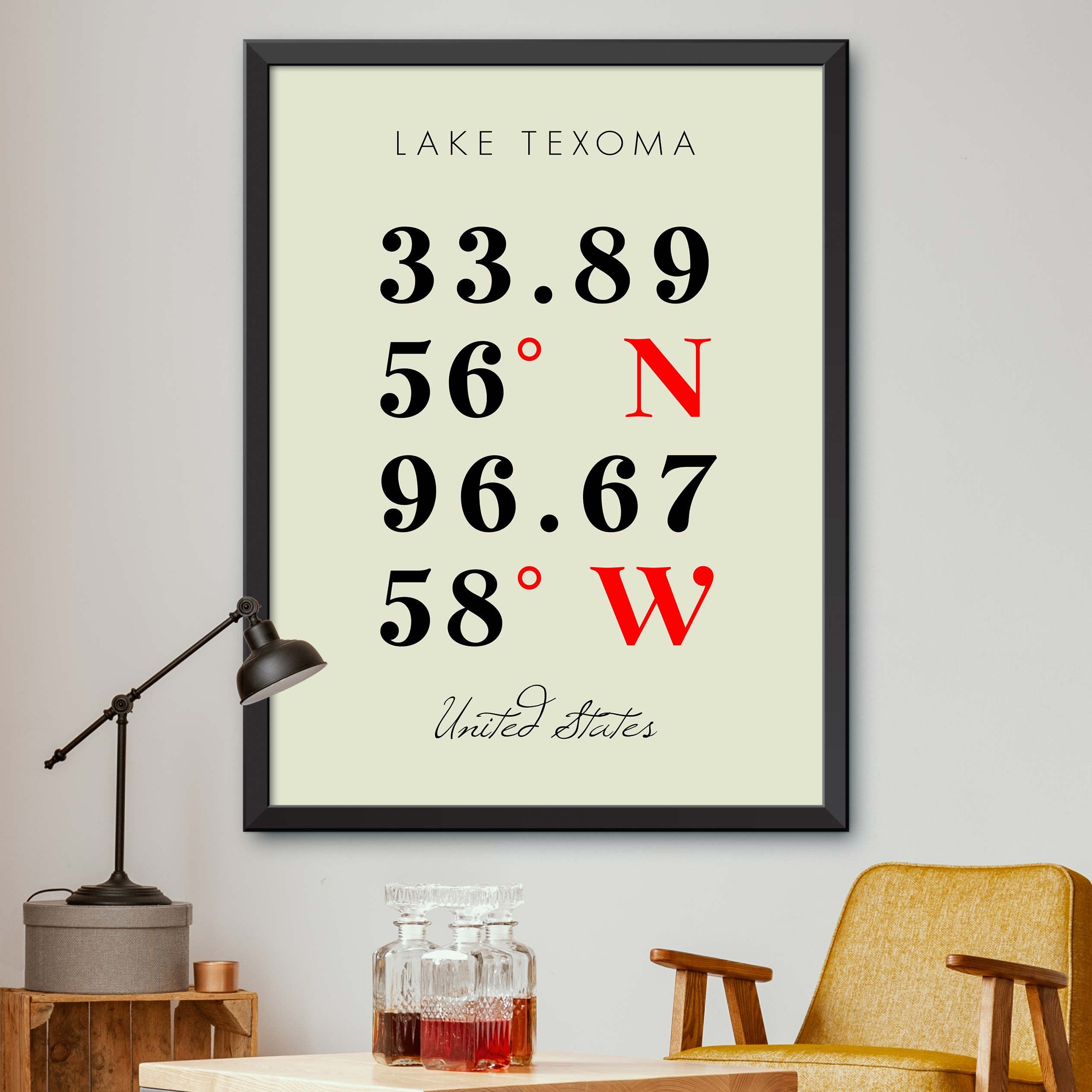 Map of Lake Texoma, United States, Multiline Coordinates Colored (8x10)