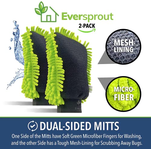 EVERSPROUT Dual-Sided Car Wash Mitts (2-Pack) | Never-Scratch, Ultra-Soft Microfiber & Sponge-Mesh Side for Scrubbing | Machine Washable | Premium Quality | Perfect for Car, Truck, Vehicle, RV, Boat