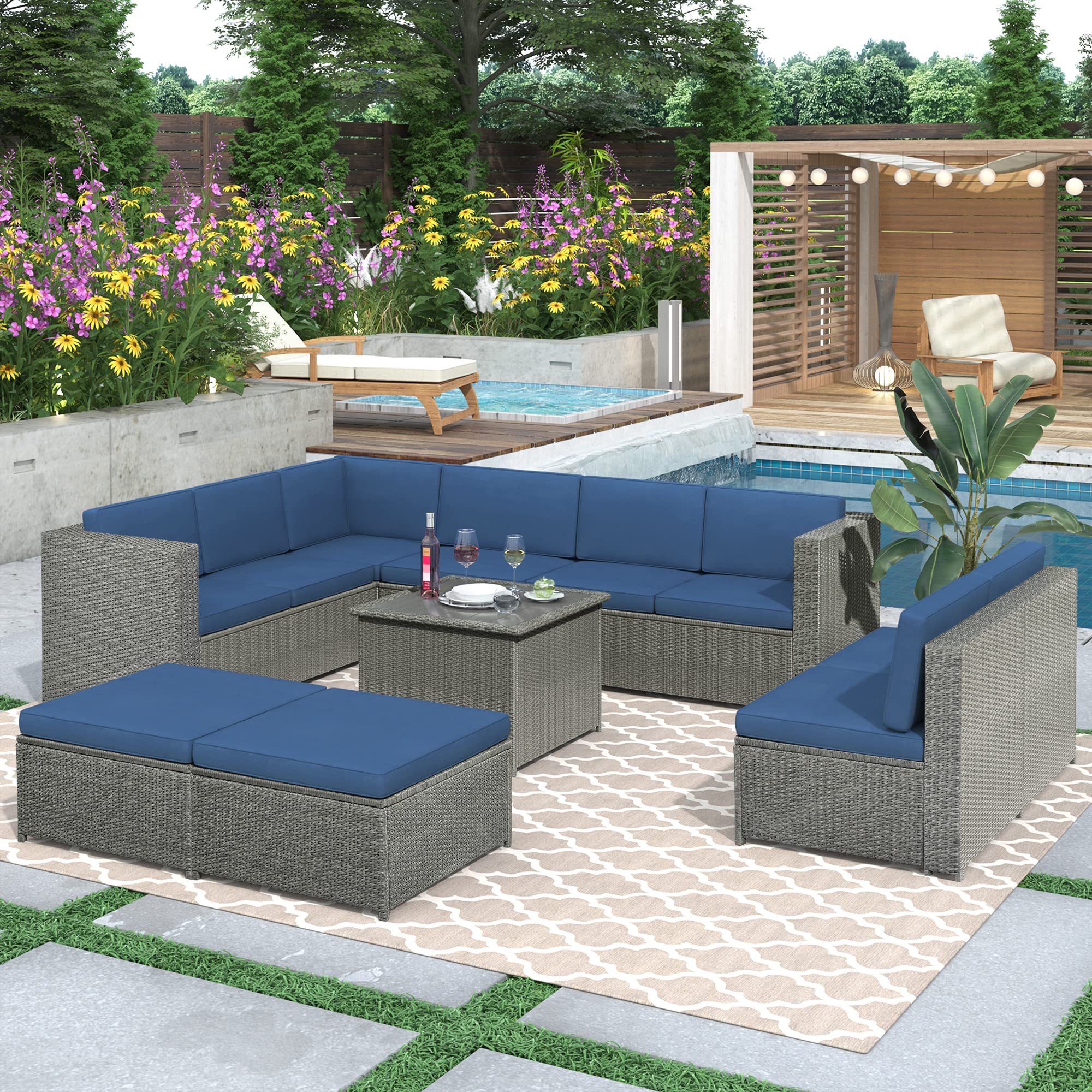 Goohome 9 Pcs Patio Furniture Sets, Outdoor Couch All Weather PE Wicker Ratten Sectional Sofa w/Coffee Table, Comforty Ottoman, for Garden Lawn Backyard, G-Blue Cushions