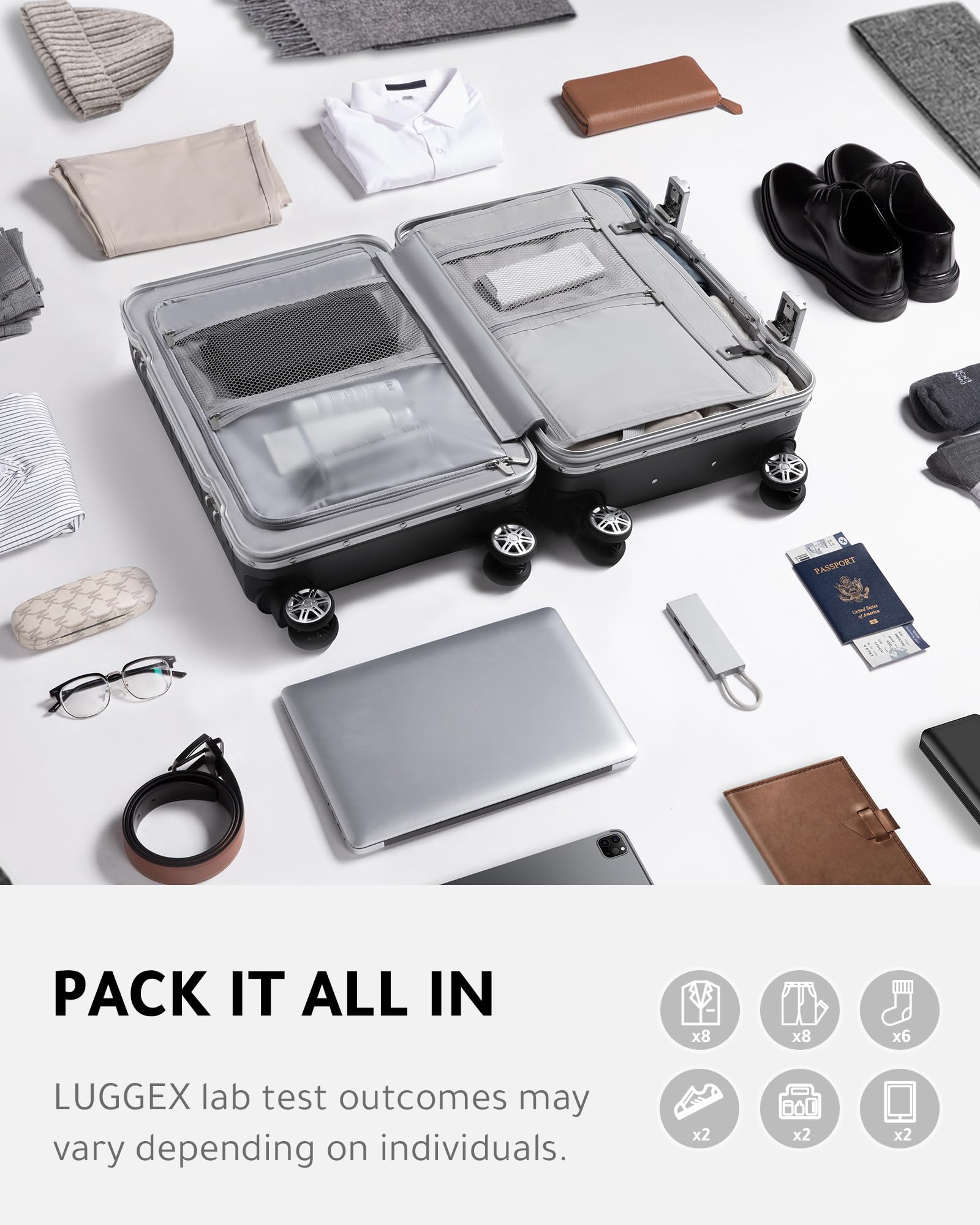 LUGGEX Carry On Luggage with Aluminum Frame, Polycarbonate Zipperless Luggage with Wheels, White Hard Shell Luggage 4 Metal Corner